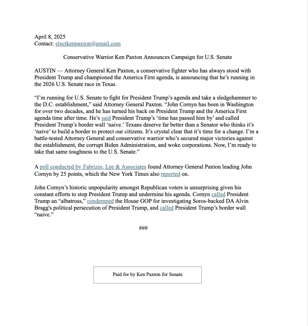 Ken Paxton Officially Launches U.S. Senate Campaign Against John Cornyn ...